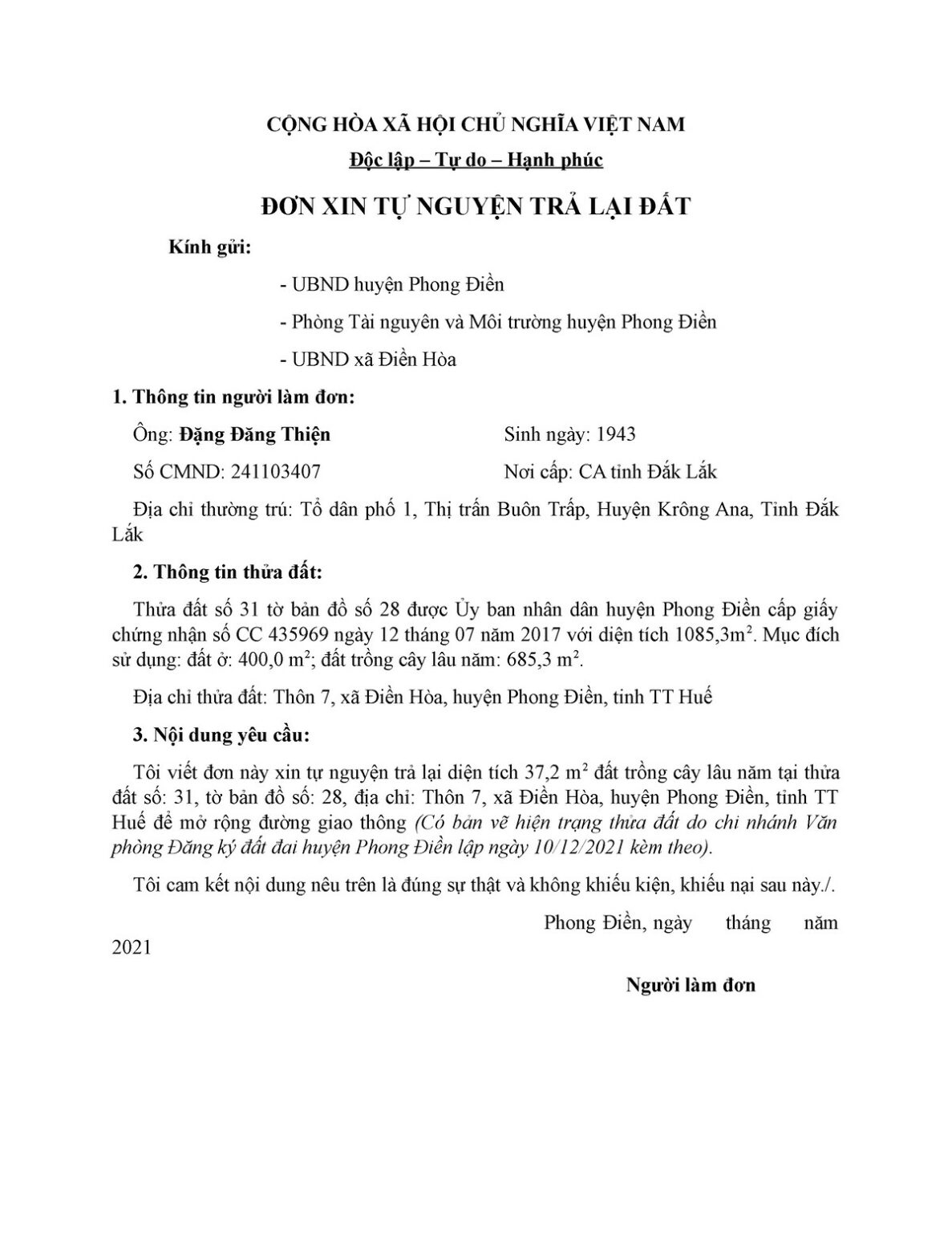 Tải xuống mẫu đơn xin trả ruộng